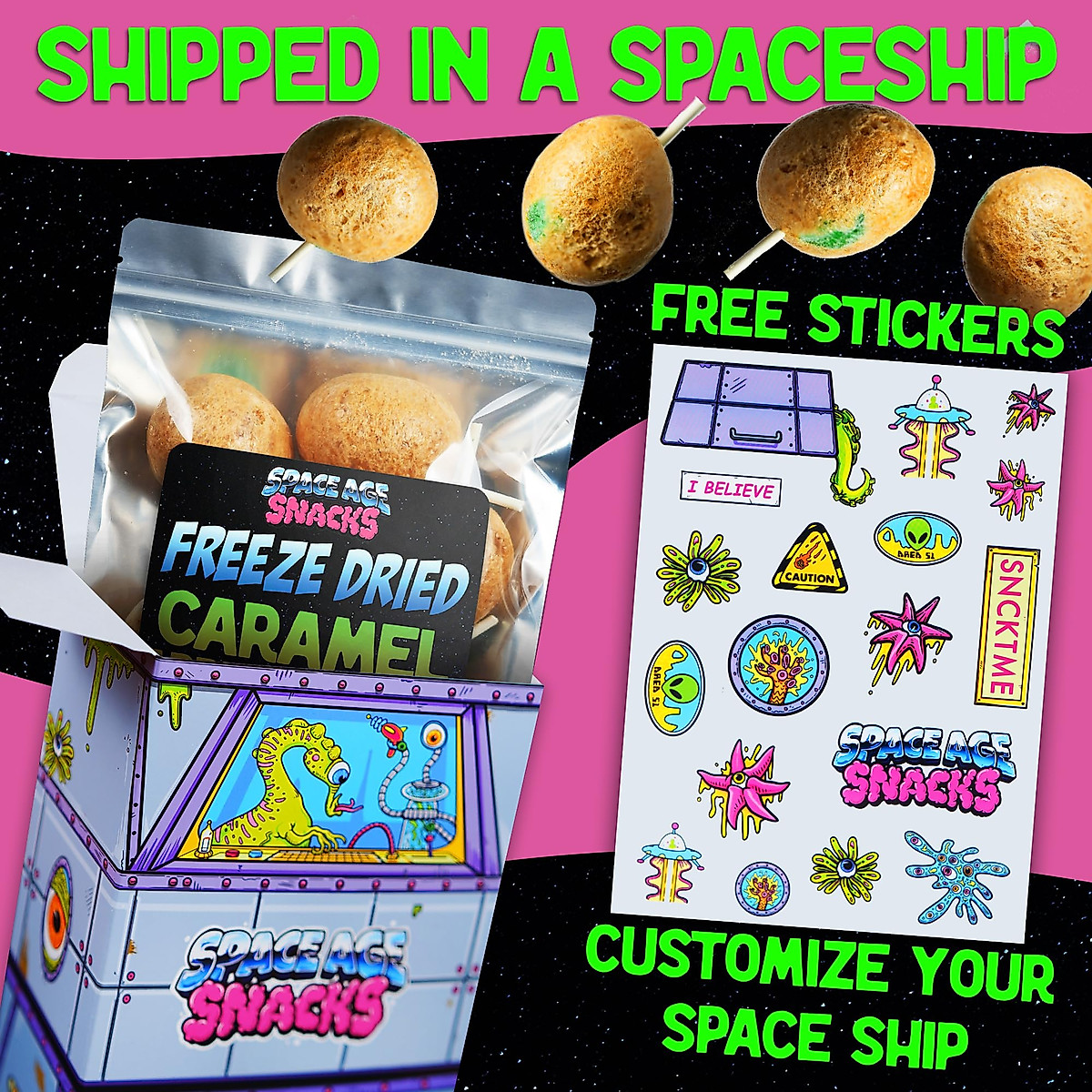 Freeze Dried Candy Variety Pack - Small Sample Pack with 4 Kinds of Freeze Dried Candy - Freeze Dried Cosmic Crunchies, Peach Rings, Moon Clouds and Caramel Apple Comets Shipped in Box for Protection