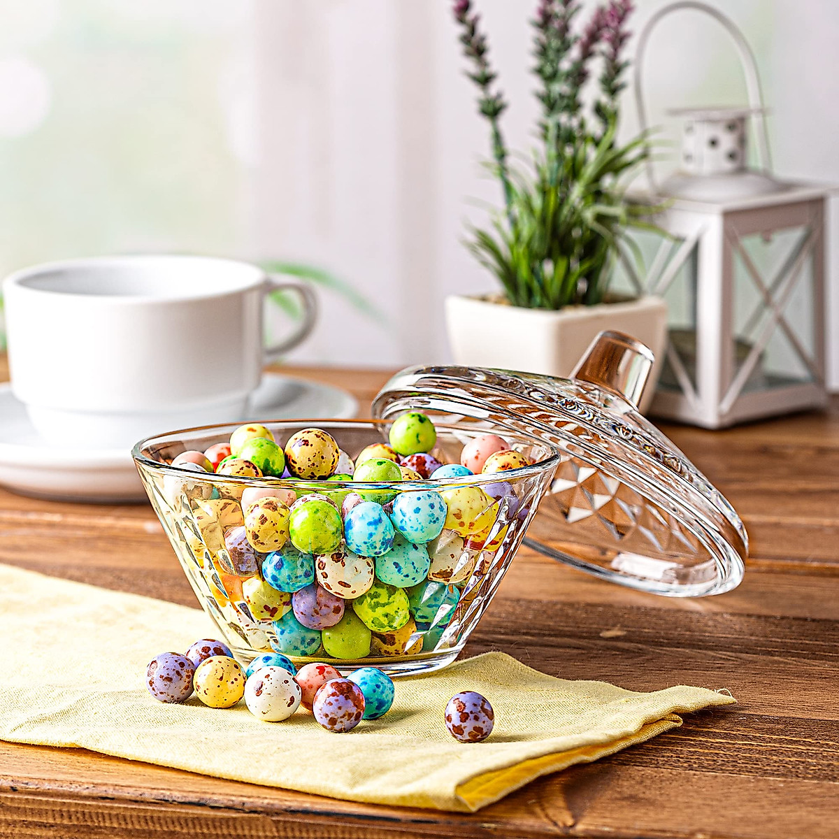 Crystalia Decorative Glass Candy Jar with Lid, Crystal Cut Small Candy Dish for Office Desk or Home, Cute Glass Sweet Cookie Container, Elegant Candy Service Buffet, Glass Sugar Canister