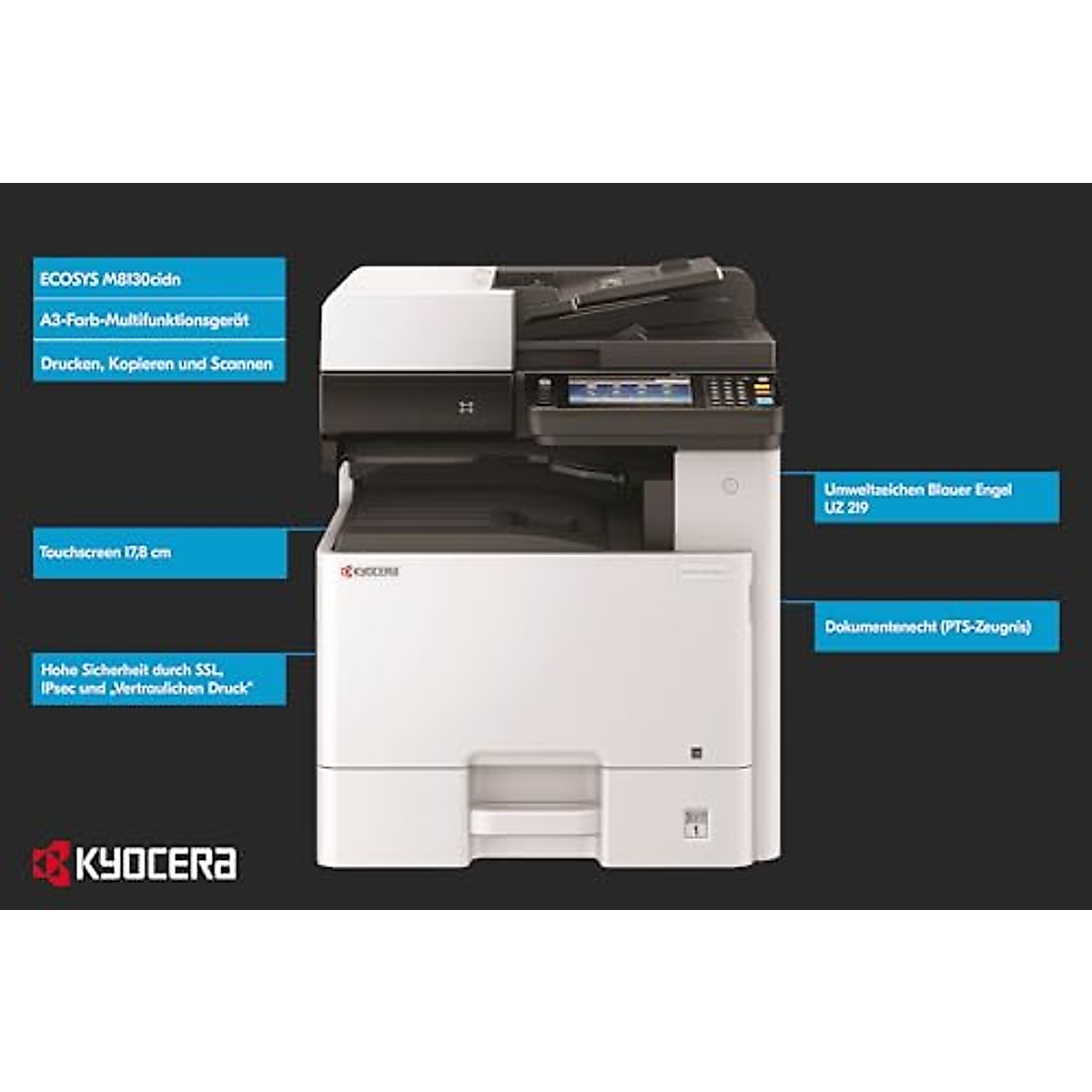 Kyocera 1102P32US0 Model ECOSYS M8130cidn Color A3 MFP Multi-Function Laser Printer (Print/Scan/Copy/Fax), 30 ppm Color, Resolution 600 x 600 dpi Up To Fine 1200 x 1200 dpi, Duplex, HyPAS Capable