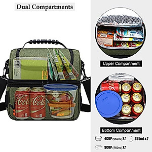 MIER Dual Compartment Lunch Bag Tote with Shoulder Strap for Men and Women Insulated Leakproof Cooler Bag, Army Green