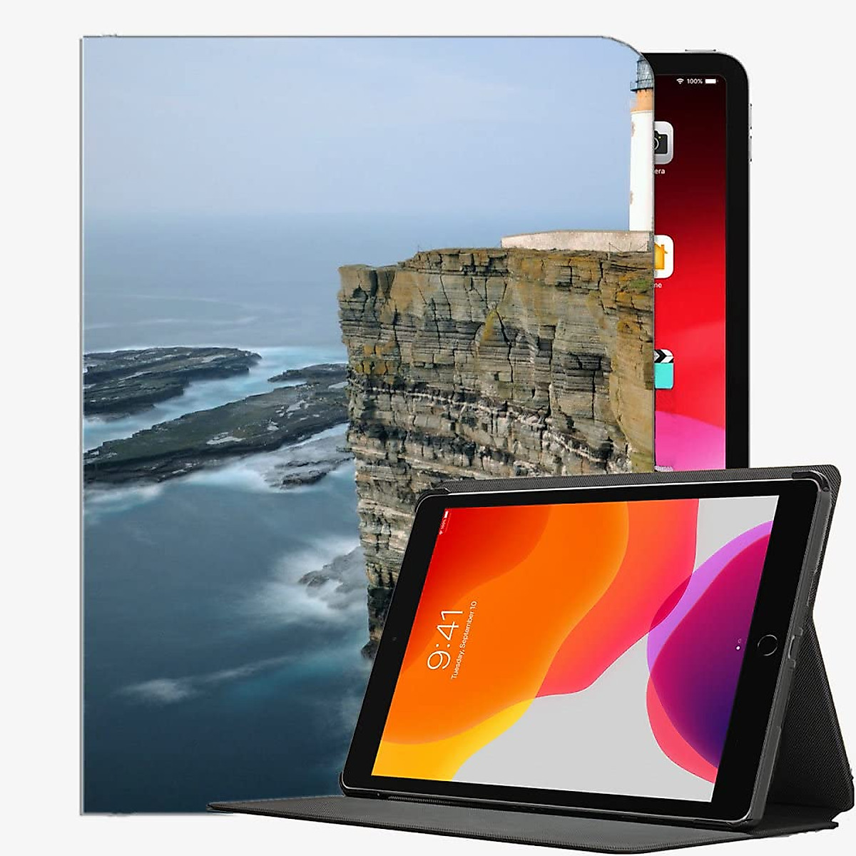 Wugao iPad Pro 12.9 Case 5th/4th/3rd Generation Case 2021 2020 2018 PU Leather with Pencil Holder,Ocean Blue Sea Lighthouse Auto Wake/Sleep Feature Standing Cover