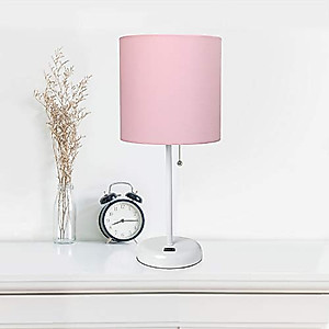 Limelights LT2044-POW Stick USB Charging Port and Fabric Shade Table Lamp, White/Light Pink,8.5 x 8.5 x 19.5