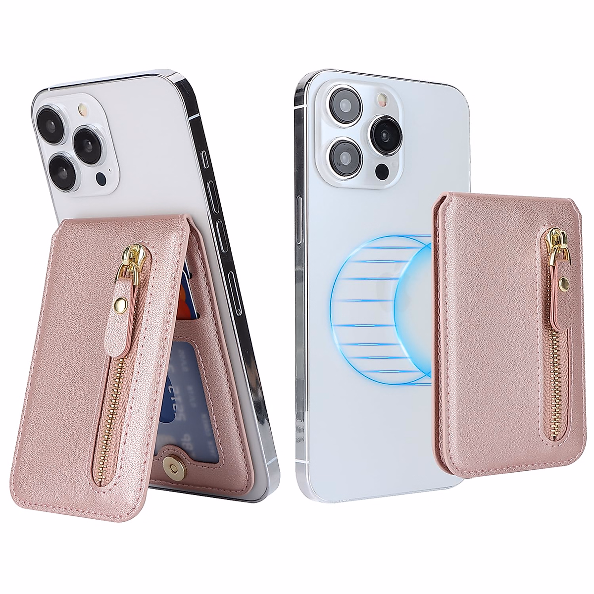 Cavor Compatible with Apple Magsafe Wallet with Adjustable Stand,Magnetic Wallet for iPhone 16 Pro Max/15/14 Plus/13/12 Magsafe Card Holder Magsafe Phone Wallet Zipper Pocket-Pink