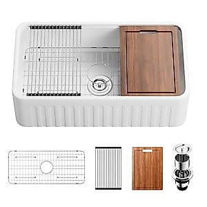 KARAMAG 33 Inch Workstation Farmhouse Kitchen Sink with Accessories, Reversible Apron-Front Single Bowl Kitchen Sink Ceramic White Farm Sinks Undermount For Kitchens