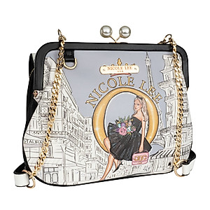 Nicole Lee Pearl Kiss Lock Envelope Crossbody Handbag, Women's Fashion Print Vegan Leather Clutch (Dreaming the City)