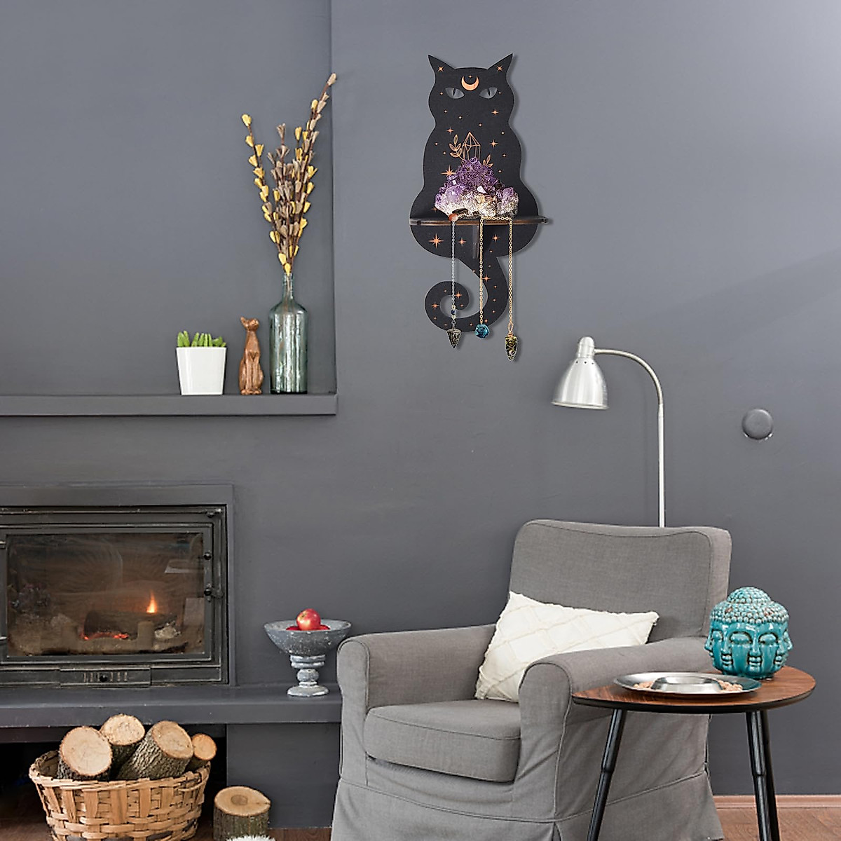 Jamo Homzi Crystal Shelf Black Crystal Display Shelf Crystal Pendulum Holder Stand Display Shelf Witch Bat Moth Stuff Wooden Kit Hanging Rustic Crystal (cat)