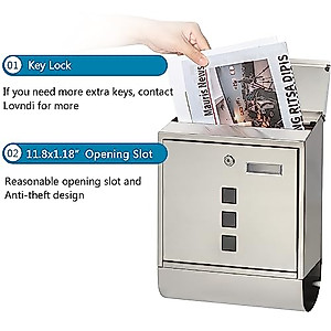 Wall Mounted Mailboxes with Key Lock, Lovndi Large Capacity Drop Mail Locking Box for Outdoor, Lockbox (2210 Stainless Steel)