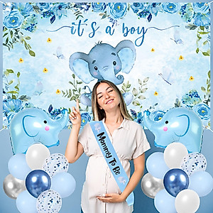 Vlipoeasn Elephant Baby Shower Decorations for Boy, Blue 42PCS Baby Shower Supplies, Mommy to Be Sash, It's a Boy Backdrop, Cake Topper, Cute Honeycomb, Hanging Swirl Flag, Baby Boy Shower Decor