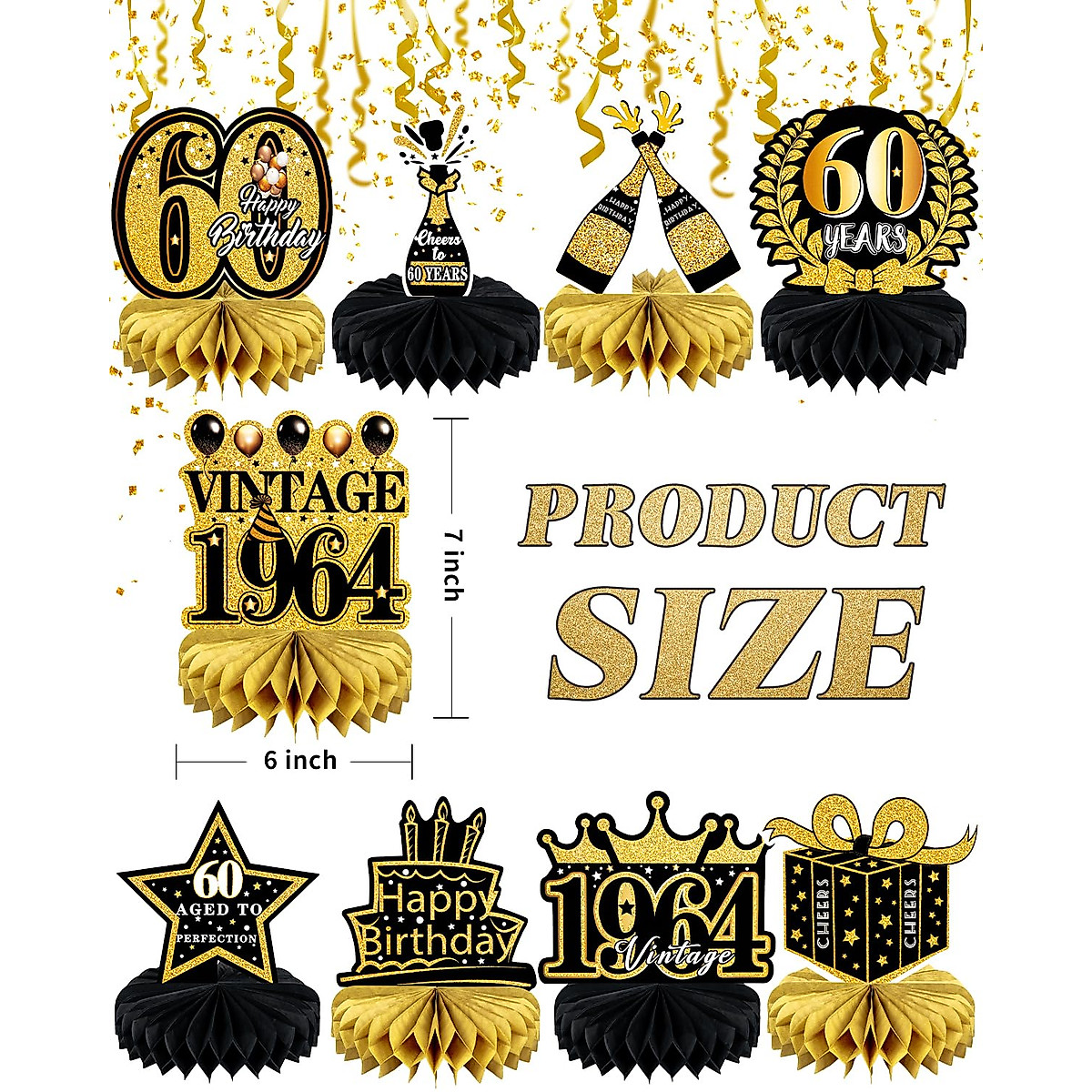 9 Pcs 60th Birthday Decoration for Men Women 60th Birthday Centerpieces for Tables Cheers to 60 Years Birthday Honeycomb Decor 1964 Birthday Table Topper Black and Gold 60th Birthday Party Favors