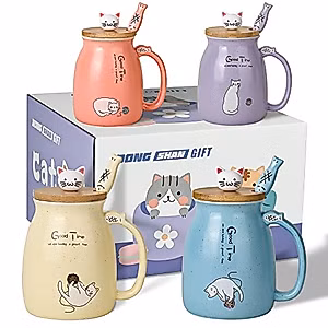 Cute Cat Mug Set of 4 Ceramic Coffee Cups with Lovely Kitty lid and Fish Spoon Novelty Morning Tea Milk Mug Set for Girls Women Christmas Birthday Gift 500ML/15oz (4pcs,Blue Pink Purple Yellow)
