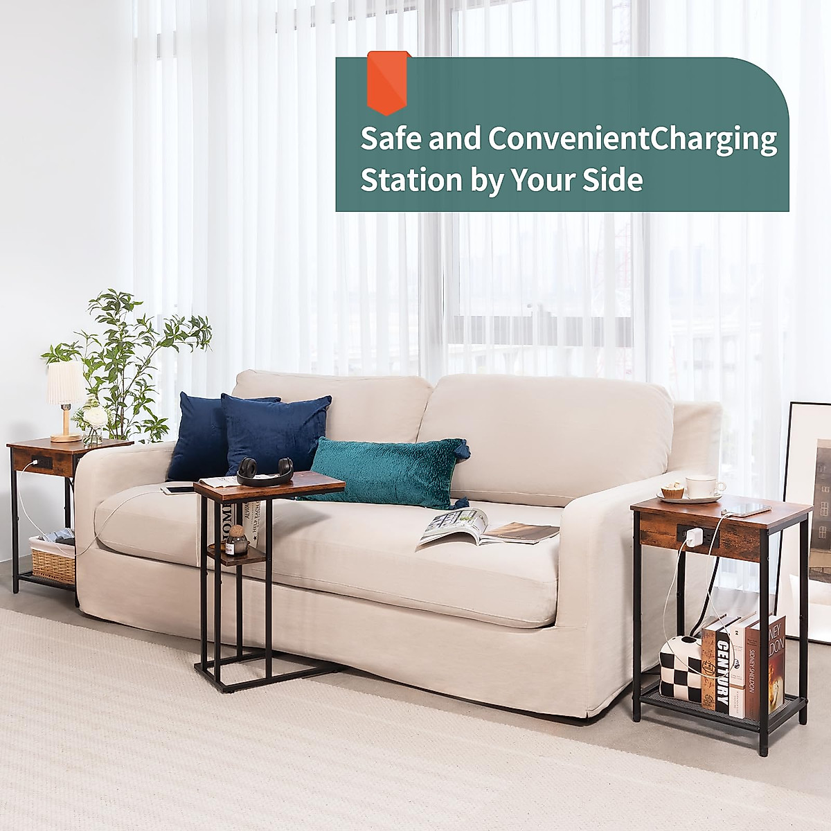 Yoobure Side Table with Charging Station, End Tables Living Room, Industrial 2 Tier Nightstand with USB Ports, Rustic Narrow Small Table with Storage Shelf for Bedroom, Office, Small Spaces