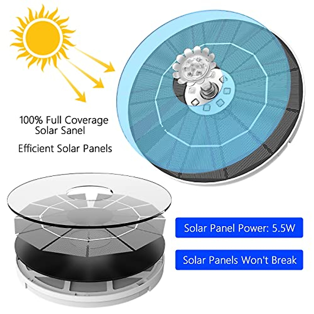 AISITIN 5.5W LED Solar Fountain Pump with LED Light, New Upgraded 3000mAh Storage Battery with 16 Nozzles Solar Bird Bath Fountains for Garden, Bird Bath, Pond, Swimming Pool