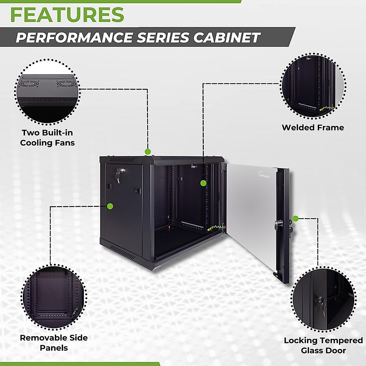 NavePoint 9U Server Cabinet Wall Mount Rack Enclosure Includes 2 Fans, Locking Glass Door, Removable Side Panels – 9U Network Cabinet 17.7” Deep, 19 Inch Server Rack for IT and A/V Equipment