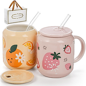 Noamus 2 Pack Cute Ceramic Mugs with Lid and Straw, 13 Oz Fruits Pattern Coffee Cup with Handle, Handmade Strawberry Orange Tea Cup for Office Home, Hot Ice Water Chocolate Milk, Women Gift