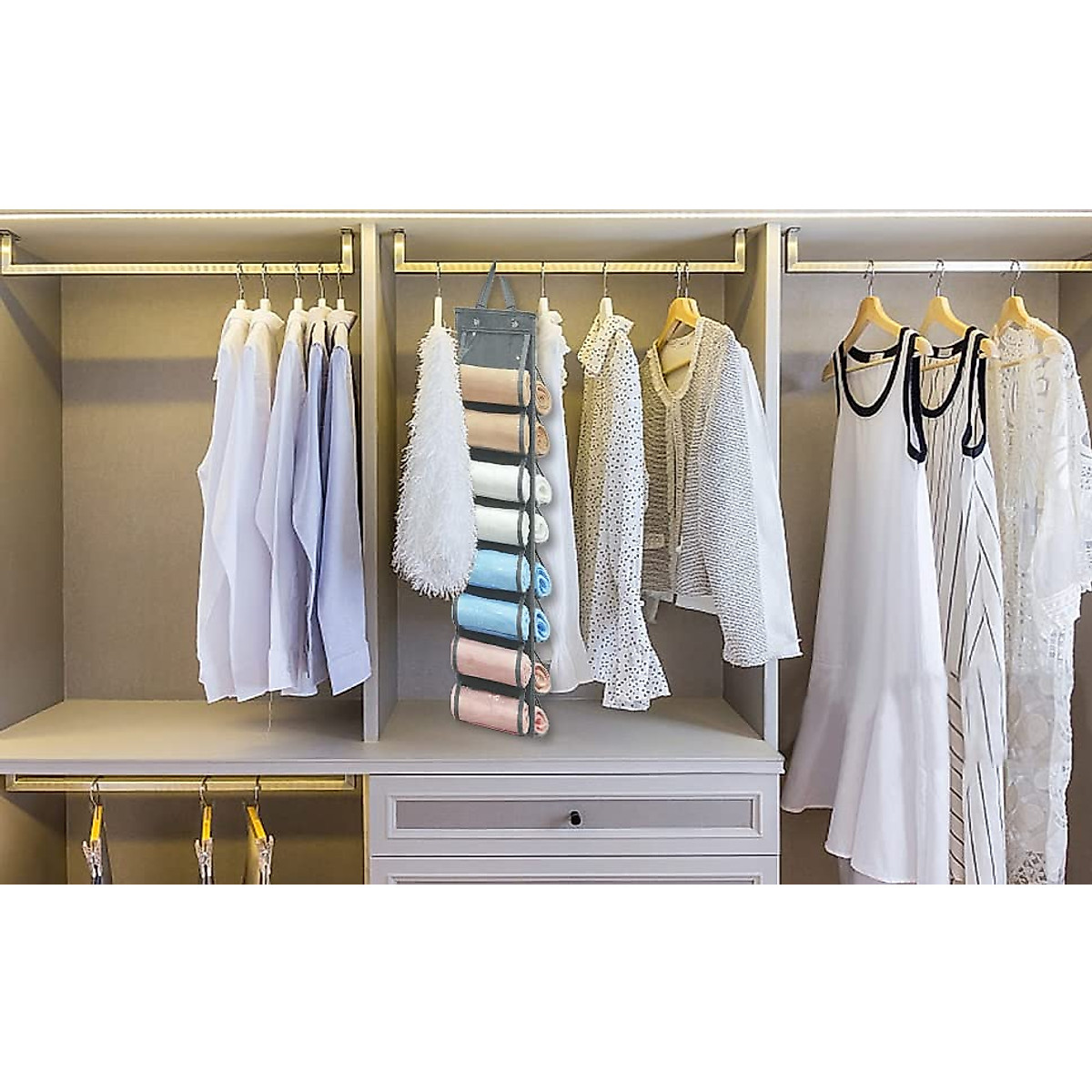 Leggings Storage Hanging Organizer,Storaging Hanger Roll Rack Holder for T-Shirt Jeans Gym Pants,RV Portable Closets Space Saver (Gray, 16 Compartments x 2Pack)