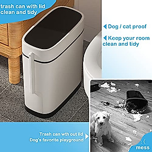 COMODID 3.7 Gallons Bathroom Trash Can with Toilet Brush Holder 14 Liter White Plastic Garbage Can with Black Locking Press Top Lid | Dogproof Slim Rectangular Trash Bin for Toilet, Black lid
