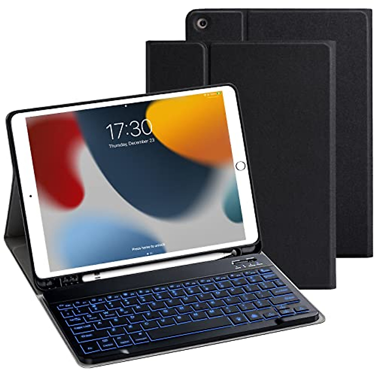 Keyboard Case for iPad 9th Generation 10.2 inch 2021, iPad 8th /7th Gen Case and Keyboard Detachable Wireless, 7 Color Backlight Tablet Keyboard with Slim Folio Case, Built-in Pencil Holder Black