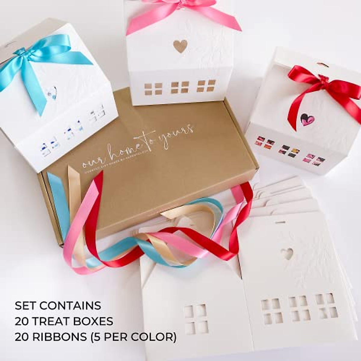 Karentology- 20 Pcs House Shaped Gift Boxes with Ribbons House Boxes for Treats, Treat Boxes for Dessert, Fancy Cookie Boxes for Gift Giving, White Gable Box, Gift Bag Bakery Boxes Party Favors