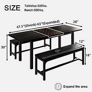Feonase 3-Piece 63" Dining Table Set with 2 Benches, XL Large Extendable Kitchen Table Set for 6-8 People, Dining Room Table with Metal Frame and Solid MDF Wood Board, Easy Assembly, Black