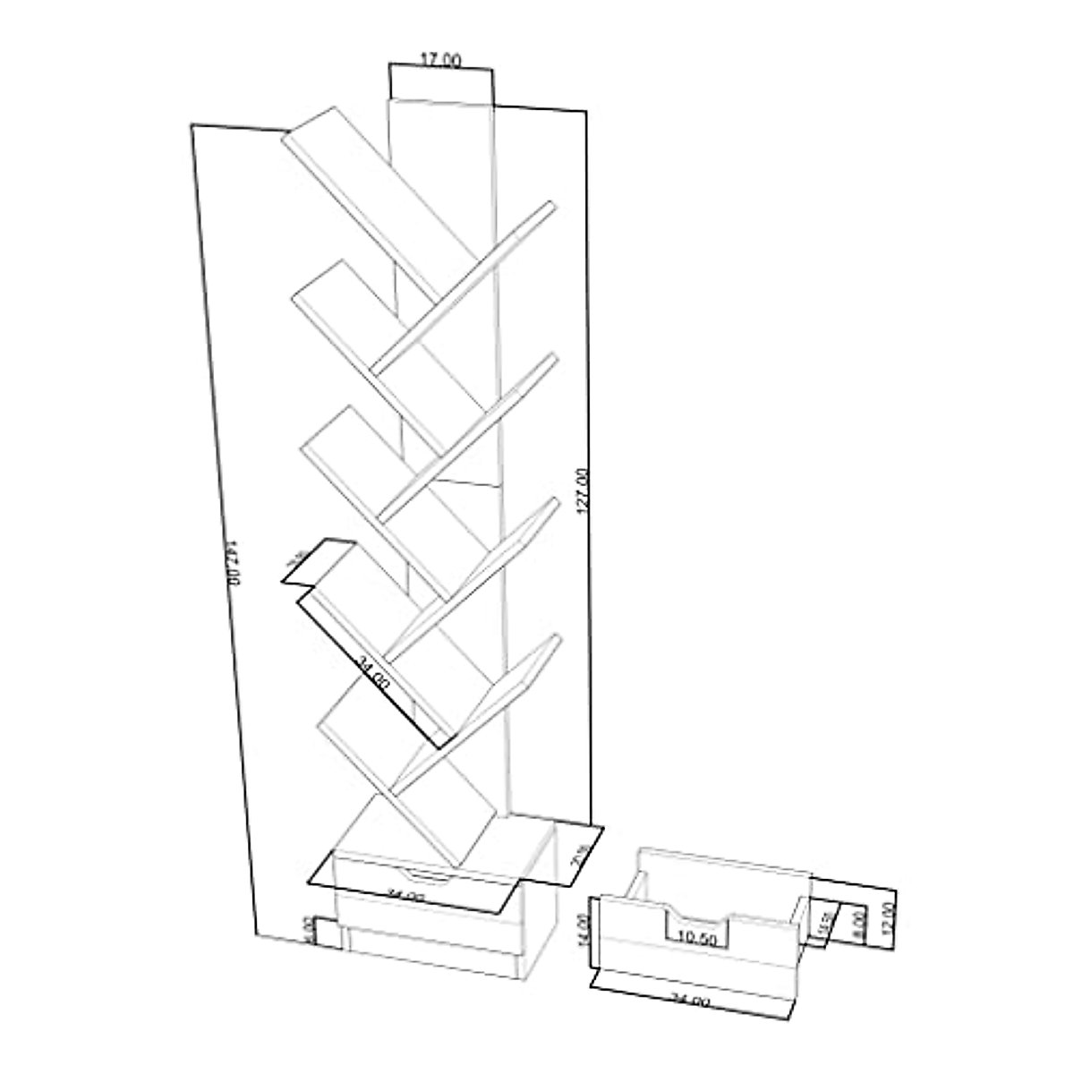 Tree Bookshelf with Wooden Drawer, 10-Tier Open Shelf Narrow Bookcase, Unique Vertical Spine Bookshelf Small Spaces, Book Shelf with Drawers Storage Organizer Shelves for Living Room, Bedroom, Library