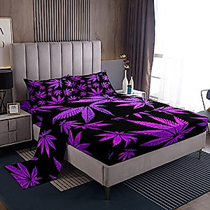 Marijuana Leaf Bed Sheets Weed Leaf Botanical Sheet Set for Kids Men Women Adults Cannabis Leaves Bed Set Luxury Puple Hemp Sheets Room Decor 4Pcs Full Size