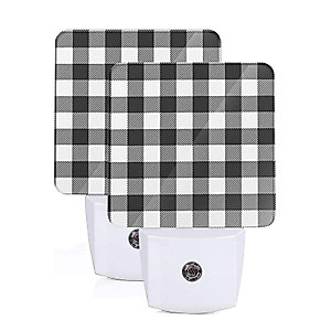 Night Light 2 Pack White and Black Buffalo Check Plaid Classic Led Lamp Plug in Wall Auto Dusk to Dawn Sensor Nightlight Decorative Bedroom, Toilet, Kids Room, Nursery, Hallway, Stairway, Bathroom