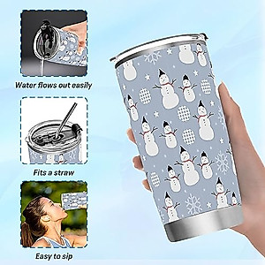 Jihqo Christmas Snowman and Snowflakes Tumbler with Lid and Straw, Insulated Stainless Steel Tumbler Cup, Double Walled Travel Coffee Mug Thermal Vacuum Cups for Hot & Cold Drinks 12oz