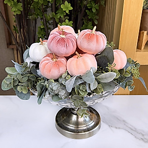 Winlyn 12 Pcs Small Rustic Faux Velvet Pumpkins Decorative Blush Coral Pink Peach Ivory Fabric Pumpkins Foam Pumpkins 3" for Fall Wedding Bbay Shower Thanksgiving Halloween Table Centerpiece Décor