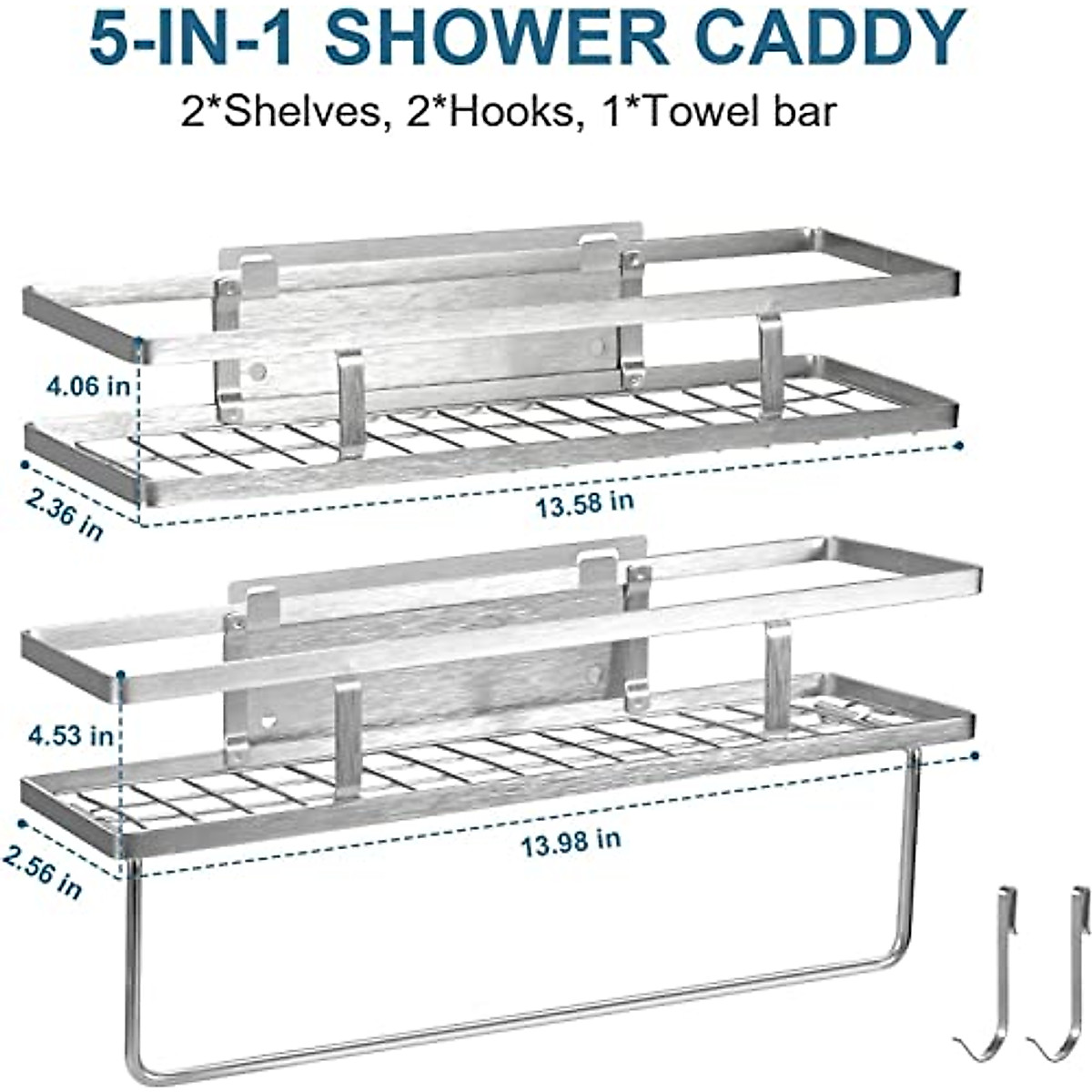 LKKL Shower Caddy Shelves - 5 in 1 Shower Shelf Bathroom Accessories - Bathroom Shelves Wall Mounted Shower Rack Organizer 2 Pack Basket Shelf, 2 Hooks, 1 Towel Holder(Brushed Nickel)