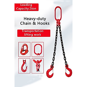 Chain Sling 2/5Inch X 5 Ft 4410lb Double Leg with Sling Hooks Chain Slings Adjusters Grade 80Alloy Steel Engine Chain Hoist Lifts【2 Ton】