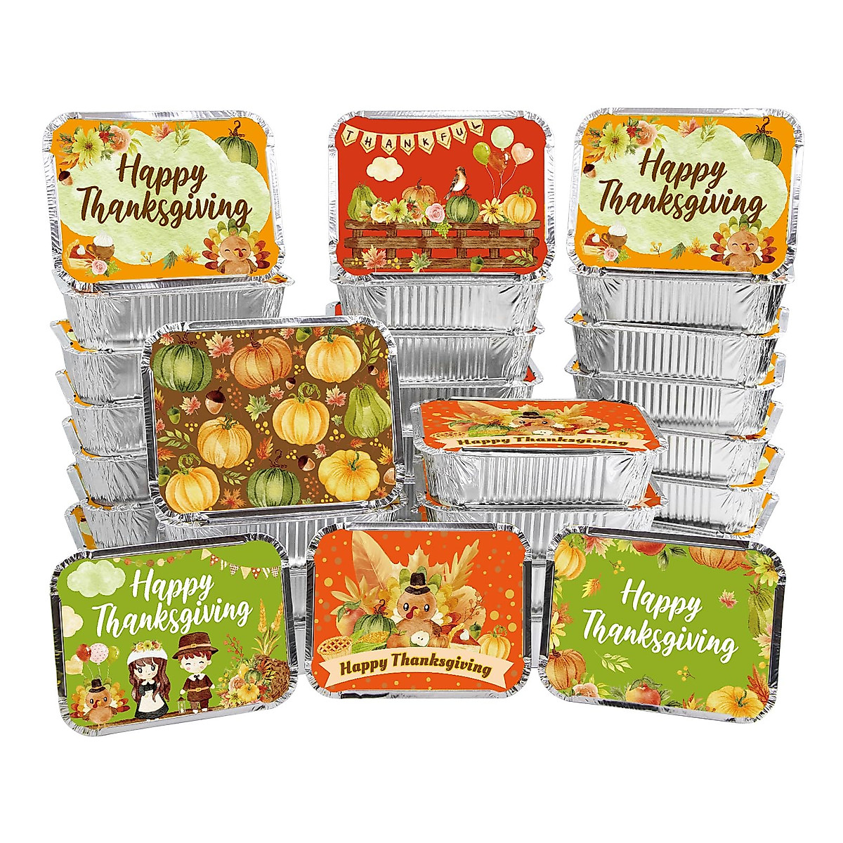 WorldBazaar Thanksgiving Aluminum Food Containers with Lids 36PCS Watercolor Thanksgiving Leftover Containers Disposable Turkey Aluminum Containers Thanksgiving Party Supplies