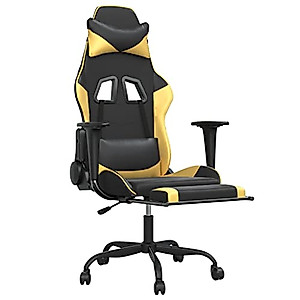 Higsose PC Gaming Chair with Footrest Black and Gold Faux Leather 26"x22"x(47.4"-51.6") Bedroom Adjustable Backrest and Height Computer Chair Home Office Chair with 360 Degree Swivel Design