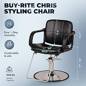Buy-Rite Chris Styling Chair for Professional Salons and Spas, Modern Hair Stylist Chair, Extra-Wide Seat, 360-Degree Rotation, Fully Adjustable Height, SY-1801