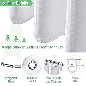 Dynamene White Fabric Shower Curtain， Waffle Weave Heavy Duty Hotel Luxury Cloth Shower Curtains for Bathroom, 72 Inch 256GSM Weighted Bath Curtain Set with 12 Plastic Hooks,72x72