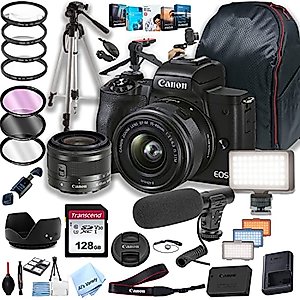 Canon EOS M50 Mark II Digital Camera with 15-45mm Lens + 128GB Memory + LED Video Light + Microphone + Back Pack + Steady Grip Pod + Tripod + Filters + Software + More (36pc Bundle) (Renewed)