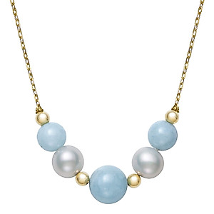 14k Gold Cultured Freshwater Pearl and Natural Aquamarine Chain Necklace, 18”