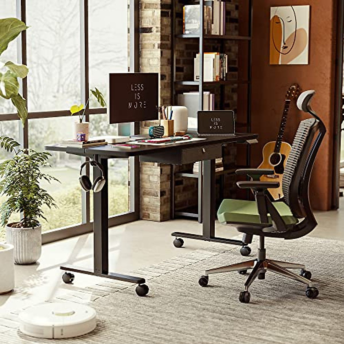 FEZIBO 55 x 24 Inches Standing Desk with Drawer, Adjustable Height Electric Stand up Desk, Sit Stand Home Office Desk, Ergonomic Workstation Black Steel Frame/Black Tabletop