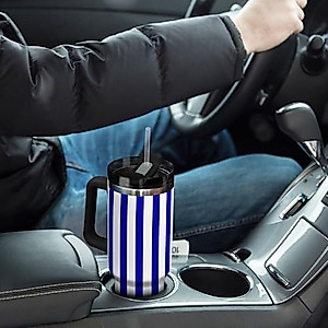 Flradish 40oz Tumbler with Handle, Navy Blue White Stripes Stainless Steel Tumbler with Lid and Straws Double Wall Vacuum Insulated Leakproof Coffee Travel Mug