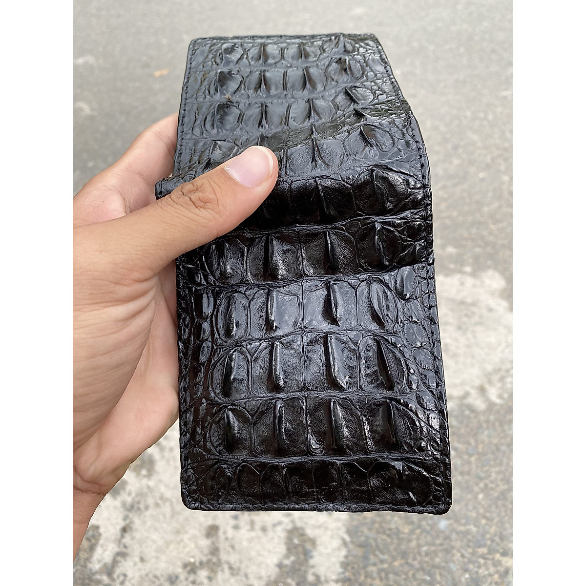 Viet Nam Black Double Side Genuine Real Alligator Hornback Leather Bi-fold Men's Wallet ,Handmade Crocodile Leather Wallet Men, XL