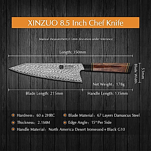 XINZUO 8.5 inch Chef Knife Damascus Steel Hand Forged Kiritsuke Kitchen Knife, Professional Gyuto Knife-Desert Ironwood Handle with Black Walnut Wooden Sheath and Acacia Wooden Box