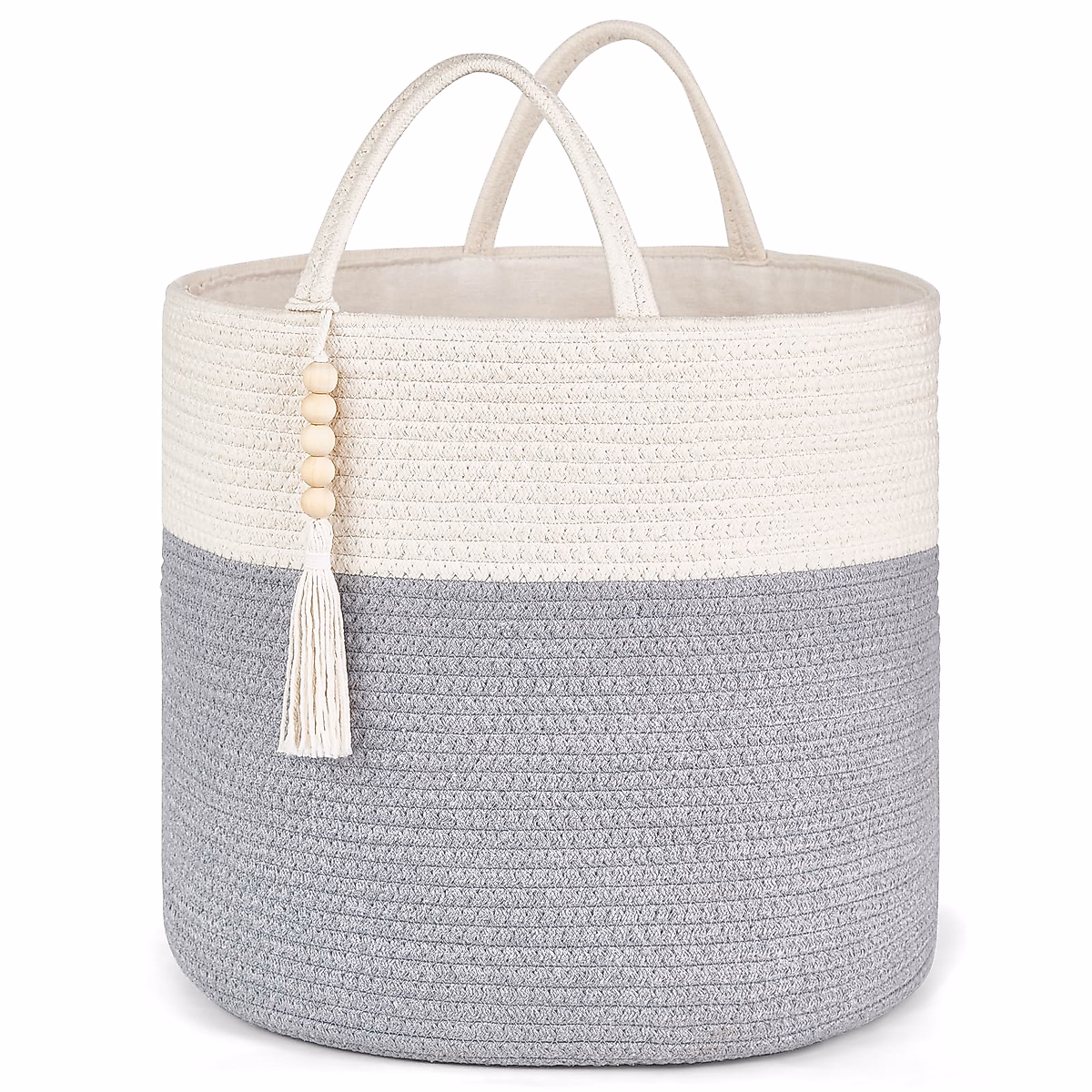 Mkono Woven Storage Basket Decorative Rope Basket Wooden Bead Decoration for Blankets,Toys,Clothes,PlantOrganizer Bin with Handles Living Room Home Decor, Grey and White, 16" W × 13.8"L
