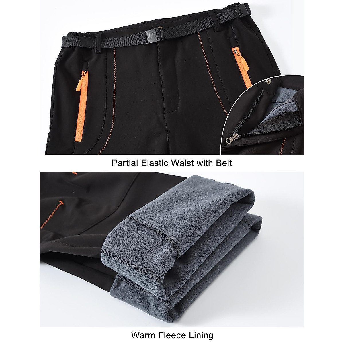 Rdruko Men's Snow Ski Pants Waterproof Insulated Winter Outdoor Hiking Fleece Pants with Belt(Black,US M)