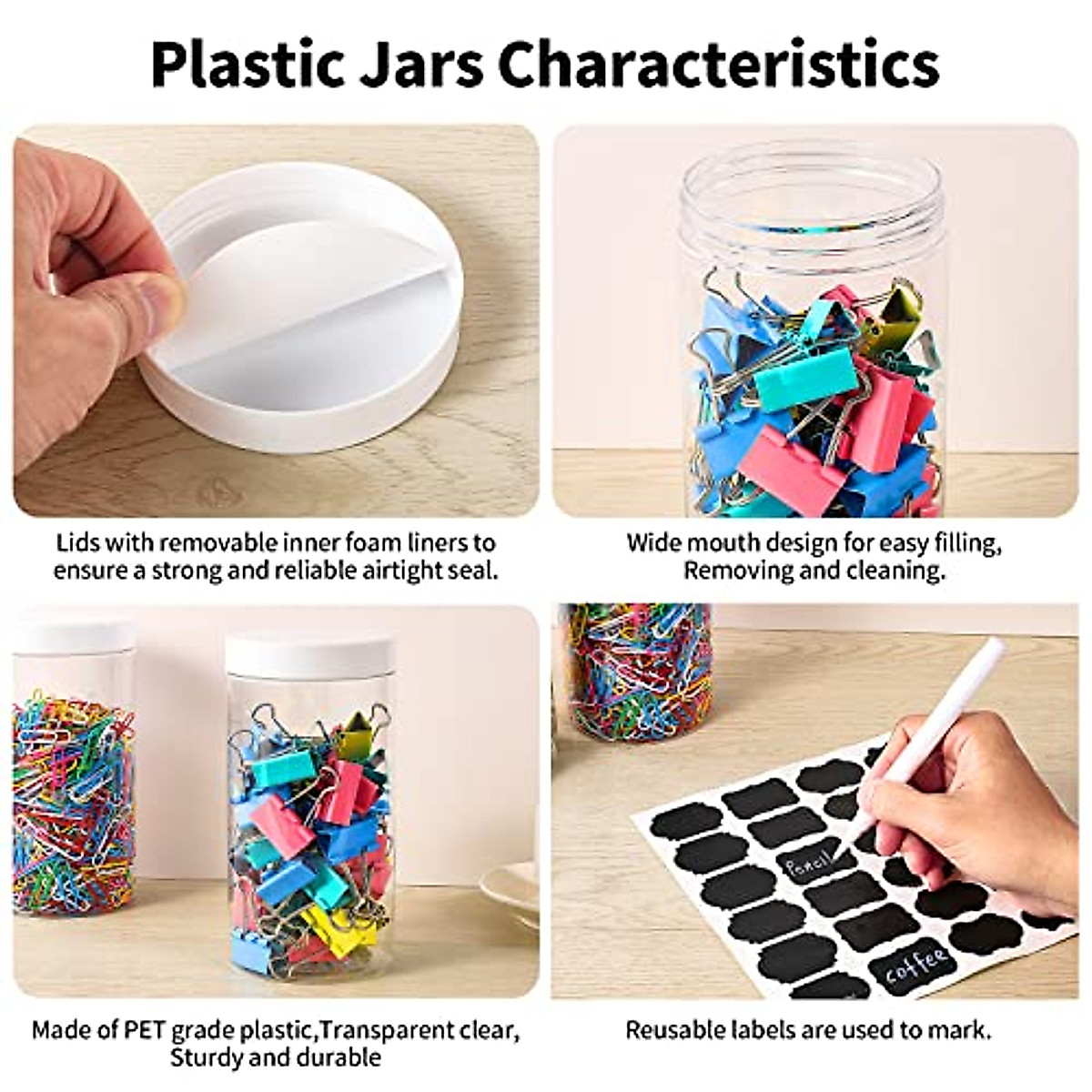 PLastic jars with lids 32 OZ & 16 OZ 24 Pcs Clear Plastic Storage Jars Containers with Airtight White Plastic Screw On Lids Cylinder Large Round Jars Easy Clean for Household and Kitchen Organizing