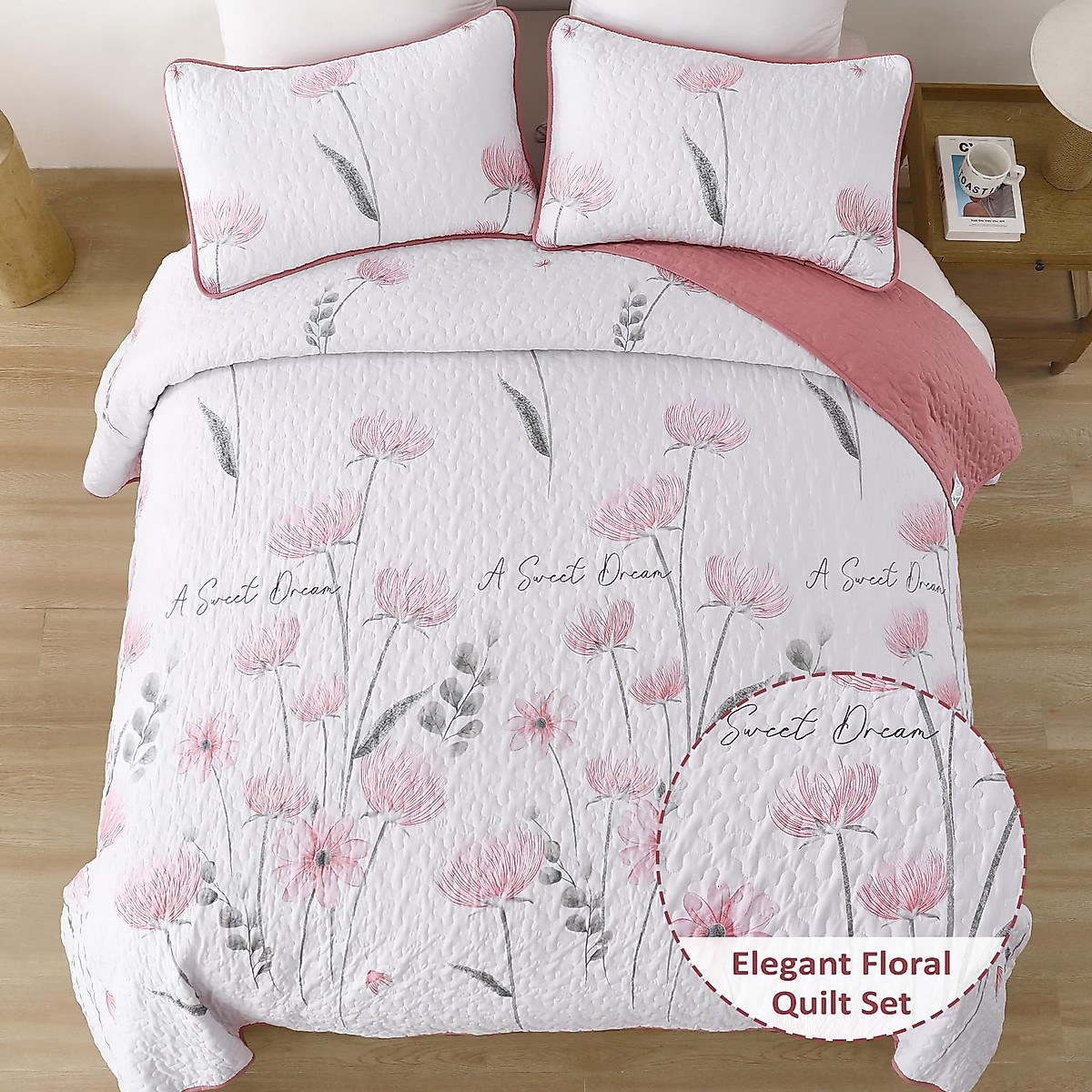 Dinjoy King Size Quilt Set Floral,3 Piece Pink/Blush Farmhouse Bedding Set Lightweight Flower Bedspreads White Coverlet Bed Sets Boho King Quilts for Girls All Season(90"x104")