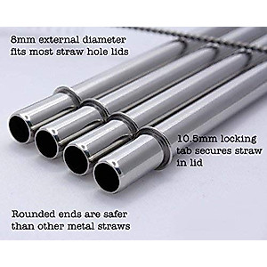 Long Safer Rounded End Stainless Steel Metal Straws for Large Cups, Tall Glasses, or Quart Mason Jars (4 Pack + Cleaning Brush + Bag)