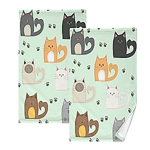 Kigai Cute Colorful Cat Hand Towels Set of 2, Highly Absorbent Soft Towel Decorative Cotton Hand Towel for Kitchen Bathroom 16x28 Inch