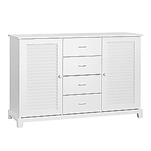 HOMCOM Sideboard Buffet Cabinet, Kitchen Cabinet, Coffee Bar Cabinet with 4 Drawers and 2 Louvered Doors for Living Room, Kitchen, White