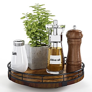 Farmhouse Oak 9" Lazy Susan Turntable Organizer for Cabinet, Round Wooden Lazy Susan Organization and Storage for Dining Table, Pantry, Kitchen, Countertop, Cupboard,Home Decor, Walnut Wood