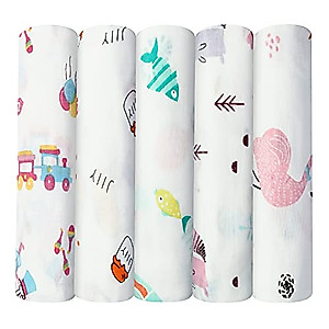 Koo-dib Baby Muslin Swaddle Blanket The Comfy Swaddles Sack 0-3 Months Receiving Baby Blanket Set of 5 Newborn Essentials Must Haves are Swaddle Blankets Baby Girl 30x30 Inches Infant Wraps
