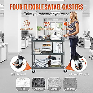 VEVOR Utility Service Cart, 3 Shelf Heavy Duty 220LBS Food Service Cart, Rolling Utility Cart with Lockable Wheels, 40" x 19.3" x 38.6" Plastic Utility Cart for Kitchen Office Restaurant Home, Grey
